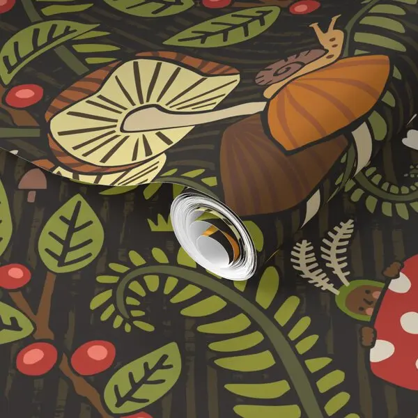 Spoonflower Whimsical Woodland Mushroom Butterflies Nature Custom Pre-pasted Wallpaper - Green