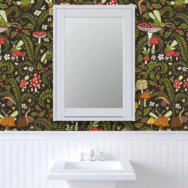 Spoonflower Whimsical Woodland Mushroom Butterflies Nature Custom Pre-pasted Wallpaper