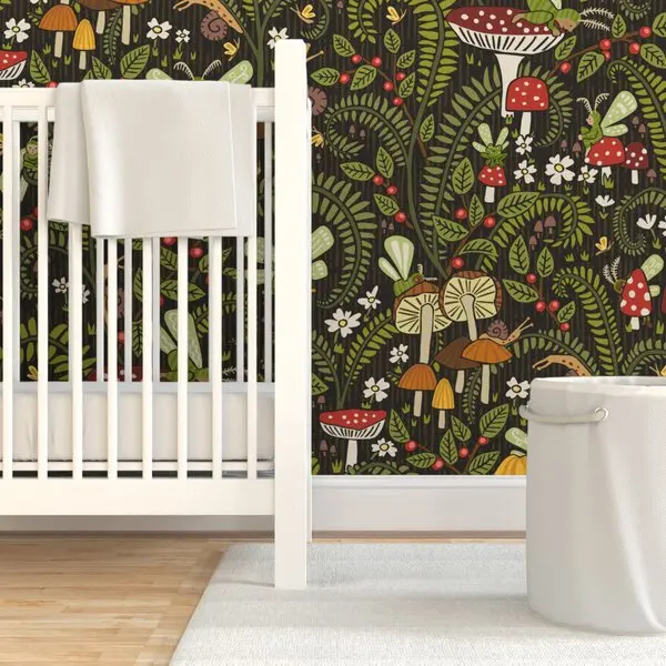 Spoonflower Whimsical Woodland Mushroom Butterflies Nature Custom Pre-pasted Wallpaper
