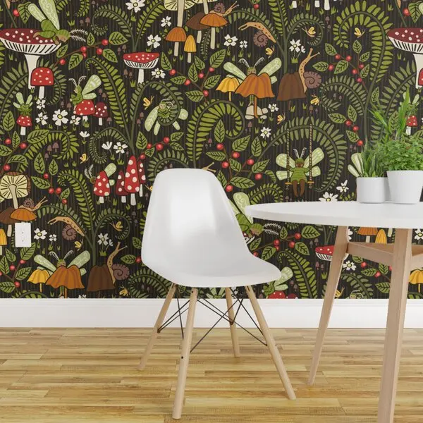 Spoonflower Whimsical Woodland Mushroom Butterflies Nature Custom Pre-pasted Wallpaper