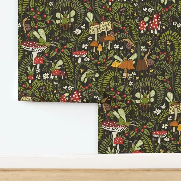 Spoonflower Whimsical Woodland Mushroom Butterflies Nature Custom Pre-pasted Wallpaper