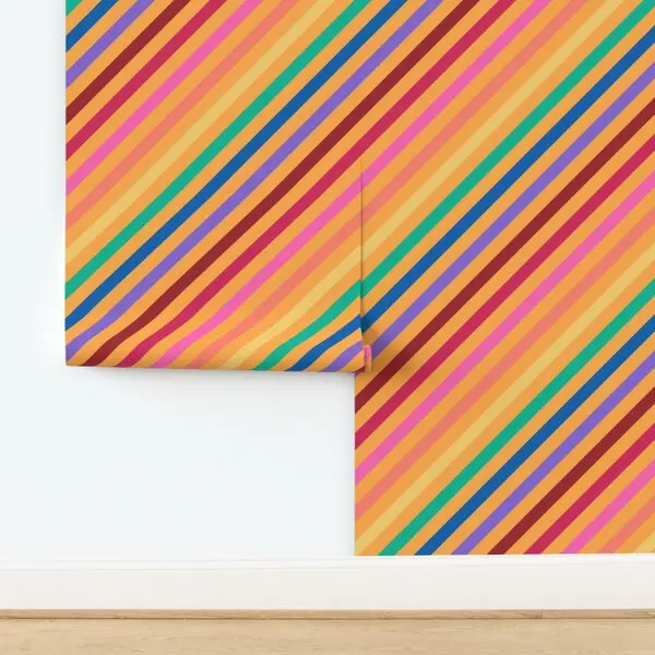 Spoonflower Rainbow Graphic Lines Bright Pride Retro Stripe Custom Pre-pasted Wallpaper - Orange