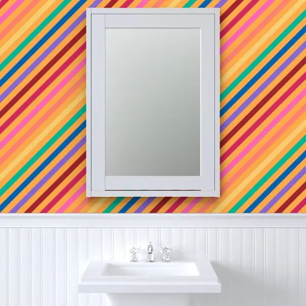 Spoonflower Rainbow Graphic Lines Bright Pride Retro Stripe Custom Pre-pasted Wallpaper - Orange