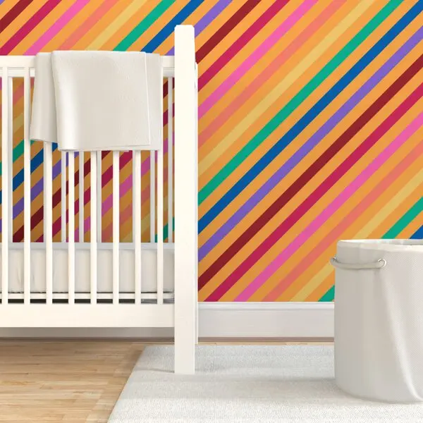 Spoonflower Rainbow Graphic Lines Bright Pride Retro Stripe Custom Pre-pasted Wallpaper - Orange