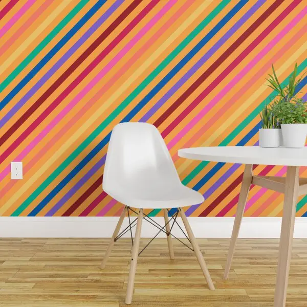 Spoonflower Rainbow Graphic Lines Bright Pride Retro Stripe Custom Pre-pasted Wallpaper - Orange