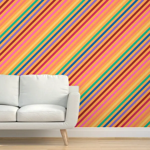 Spoonflower Rainbow Graphic Lines Bright Pride Retro Stripe Custom Pre-pasted Wallpaper - Orange