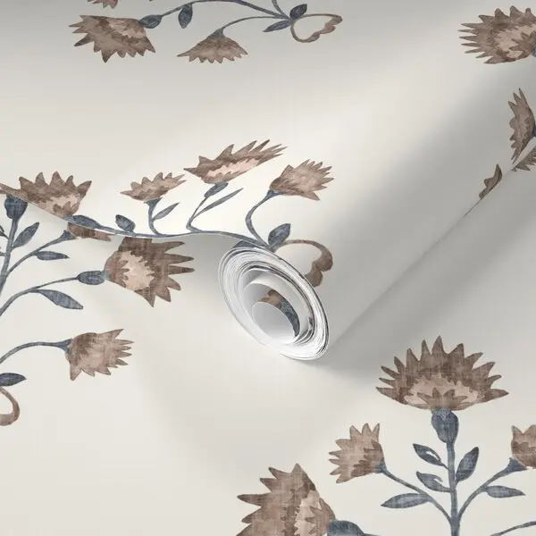 Spoonflower Modern Floral Traditional Stem Wildflower Custom Pre-pasted Wallpaper - Beige