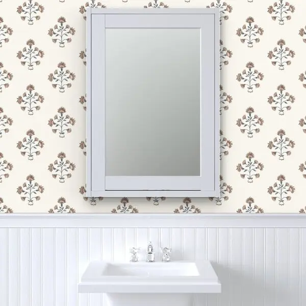 Spoonflower Modern Floral Traditional Stem Wildflower Custom Pre-pasted Wallpaper - Beige