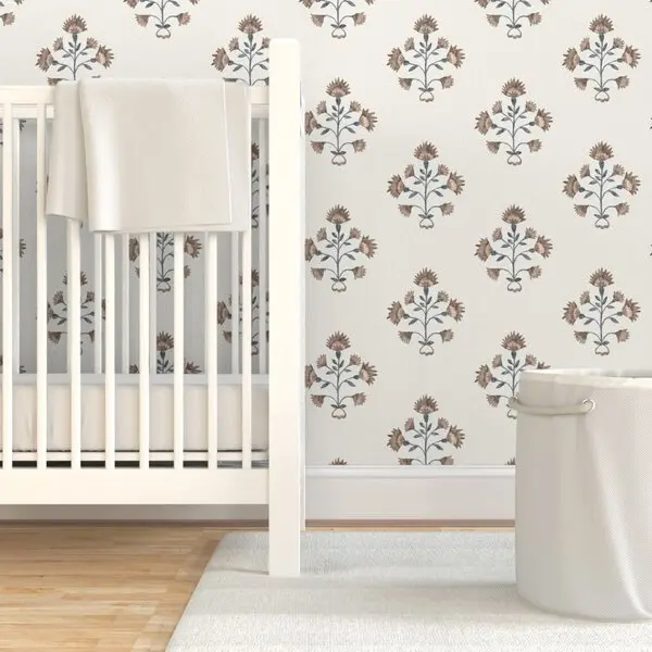 Spoonflower Modern Floral Traditional Stem Wildflower Custom Pre-pasted Wallpaper - Beige