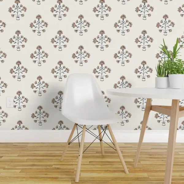 Spoonflower Modern Floral Traditional Stem Wildflower Custom Pre-pasted Wallpaper - Beige