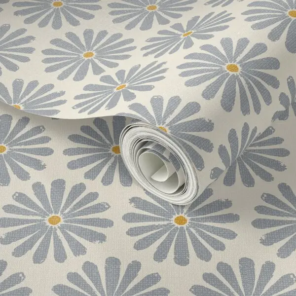 Spoonflower Neutral Daisy Simple Flowers Earth Tone Slate On Custom Pre-pasted Wallpaper - Beige,gray