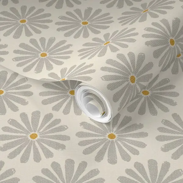 Spoonflower Neutral Daisy Simple Flowers Earth Tone Cool Gray Custom Pre-pasted Wallpaper - Beige,gray