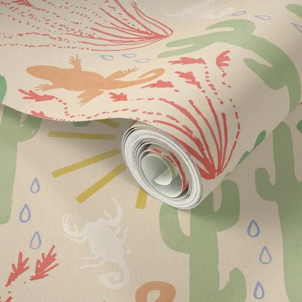 Spoonflower Neutral Southwest Muted Sun Cactus Cacti Lizard Custom Pre-pasted Wallpaper
