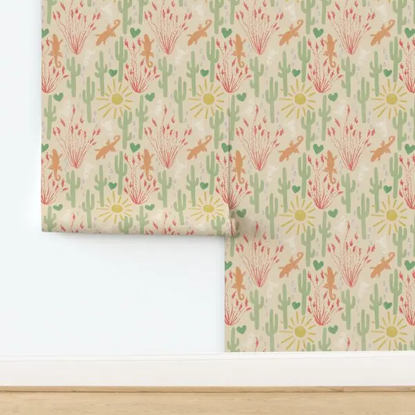 Spoonflower Neutral Southwest Muted Sun Cactus Cacti Lizard Custom Pre-pasted Wallpaper