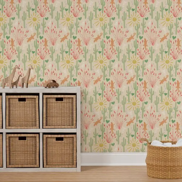 Spoonflower Neutral Southwest Muted Sun Cactus Cacti Lizard Custom Pre-pasted Wallpaper