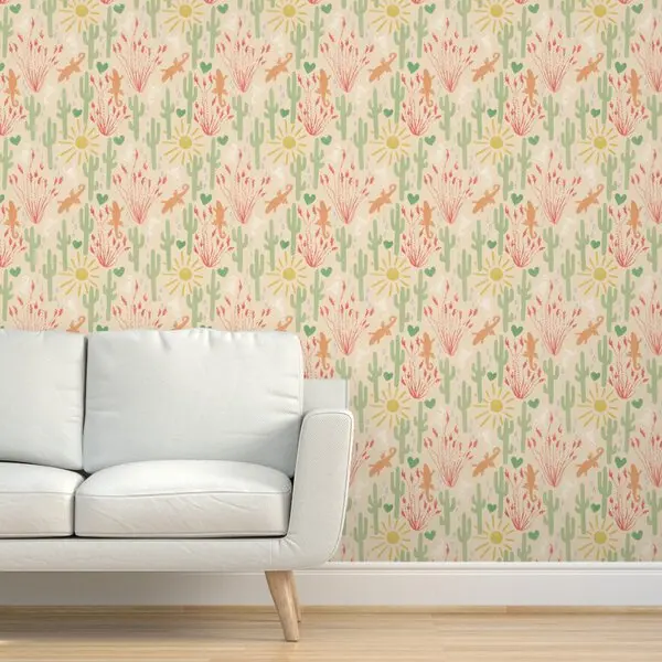Spoonflower Neutral Southwest Muted Sun Cactus Cacti Lizard Custom Pre-pasted Wallpaper