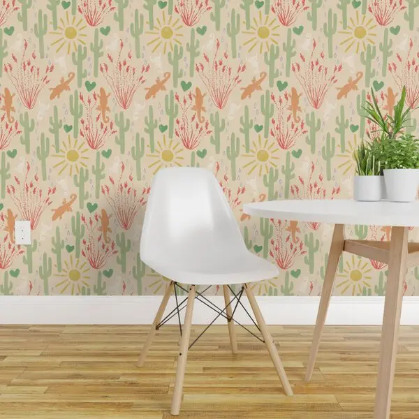 Spoonflower Neutral Southwest Muted Sun Cactus Cacti Lizard Custom Pre-pasted Wallpaper