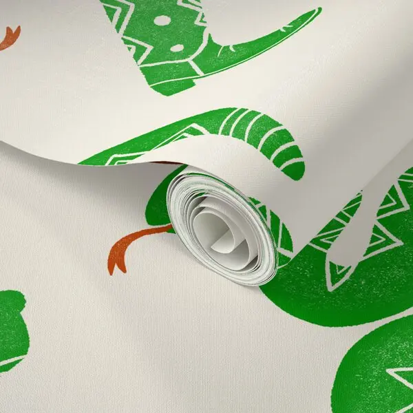 Spoonflower Whimsical Western Snakes Cowboy Hat Cute Desert Custom Pre-pasted Wallpaper - Green