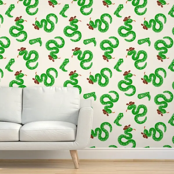 Spoonflower Whimsical Western Snakes Cowboy Hat Cute Desert Custom Pre-pasted Wallpaper - Green