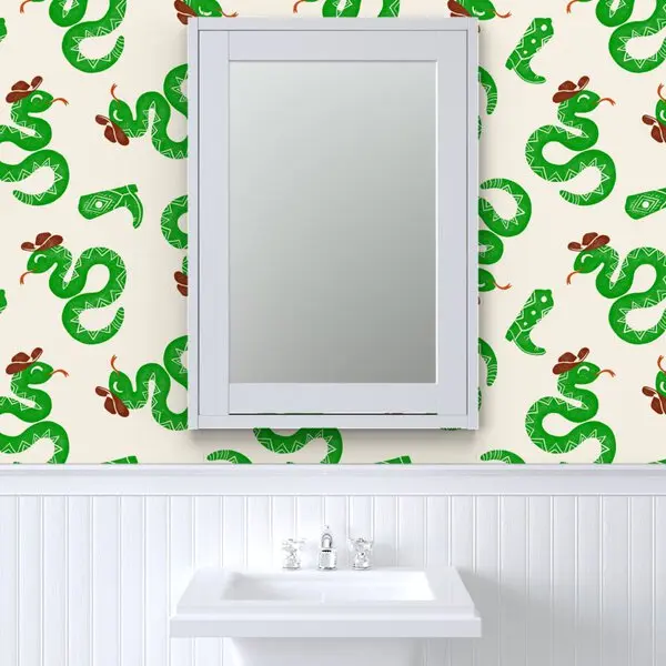 Spoonflower Whimsical Western Snakes Cowboy Hat Cute Desert Custom Pre-pasted Wallpaper - Green