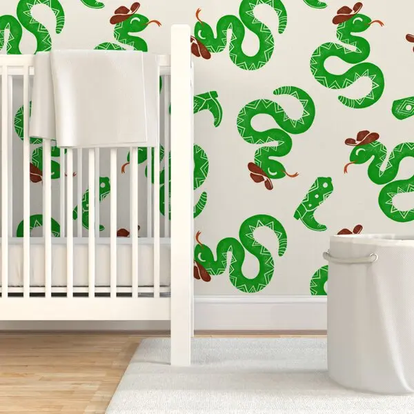 Spoonflower Whimsical Western Snakes Cowboy Hat Cute Desert Custom Pre-pasted Wallpaper - Green