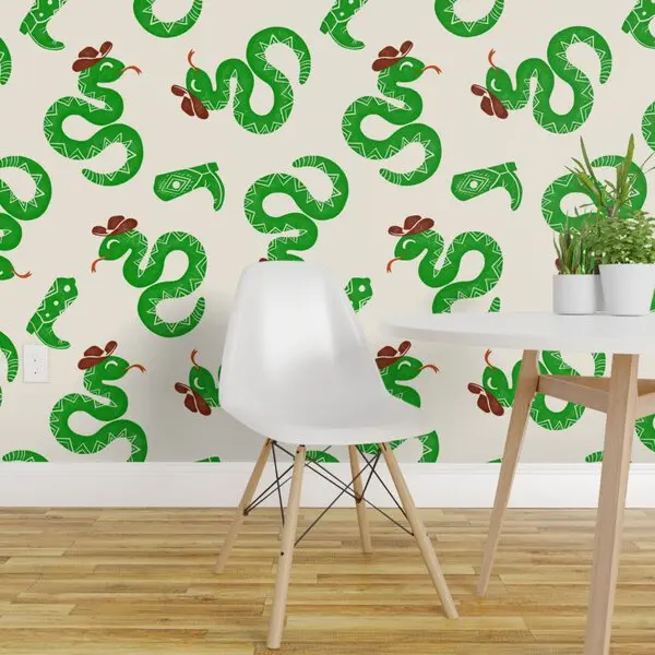 Spoonflower Whimsical Western Snakes Cowboy Hat Cute Desert Custom Pre-pasted Wallpaper - Green