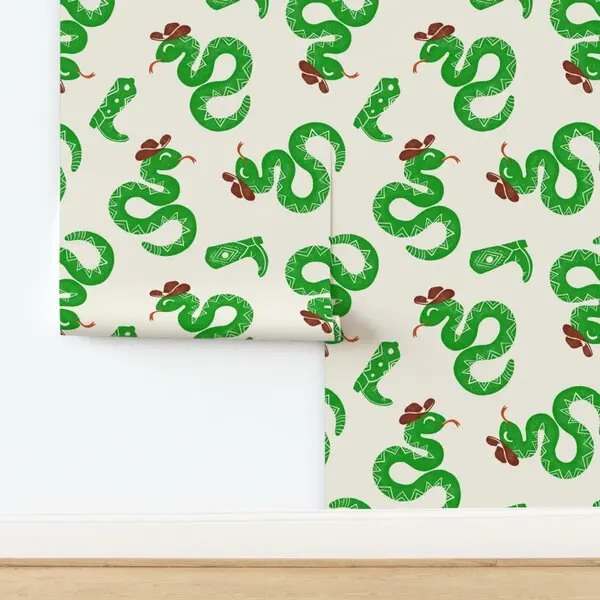 Spoonflower Whimsical Western Snakes Cowboy Hat Cute Desert Custom Pre-pasted Wallpaper - Green