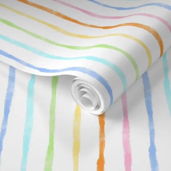 Spoonflower Stripes Pastel Modern Abstract Colorful Custom Pre-pasted Wallpaper - Rainbow