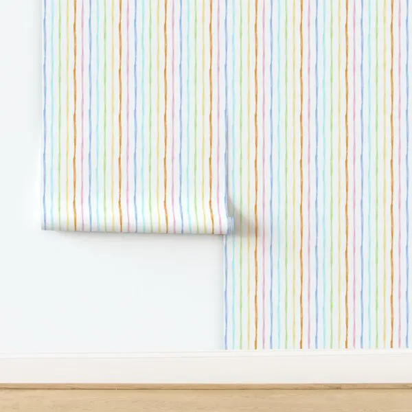 Spoonflower Stripes Pastel Modern Abstract Colorful Custom Pre-pasted Wallpaper - Rainbow