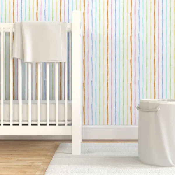 Spoonflower Stripes Pastel Modern Abstract Colorful Custom Pre-pasted Wallpaper - Rainbow
