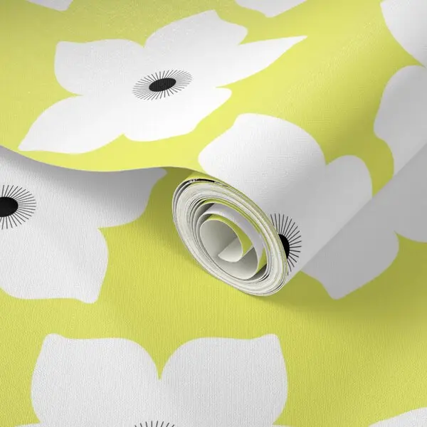 Spoonflower Yellow Retro Groovy Neon Floral Spring Summer Custom Pre-pasted Wallpaper - Yellow,white