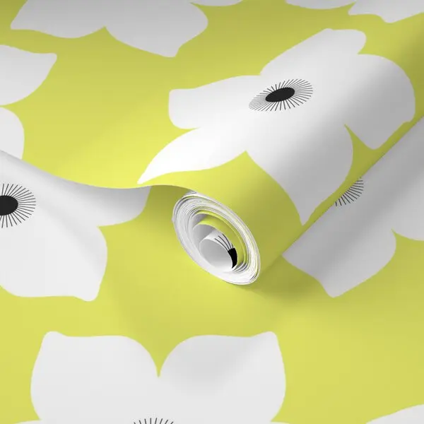Spoonflower Yellow Retro Groovy Neon Floral Spring Summer Custom Pre-pasted Wallpaper - Yellow,white
