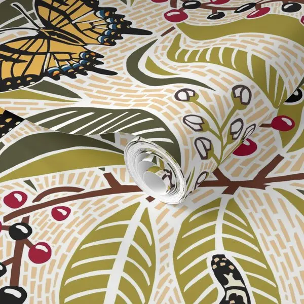 Spoonflower Butterfly Botanical Floral Swallowtail Butterflies Custom Pre-pasted Wallpaper - Beige