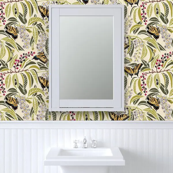 Spoonflower Butterfly Botanical Floral Swallowtail Butterflies Custom Pre-pasted Wallpaper - Beige