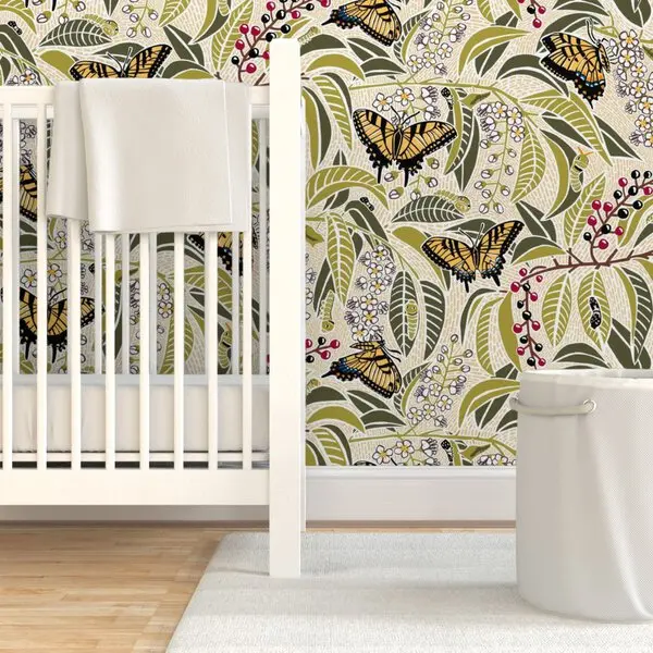 Spoonflower Butterfly Botanical Floral Swallowtail Butterflies Custom Pre-pasted Wallpaper - Beige