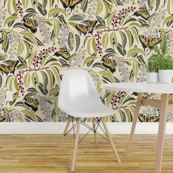 Spoonflower Butterfly Botanical Floral Swallowtail Butterflies Custom Pre-pasted Wallpaper - Beige