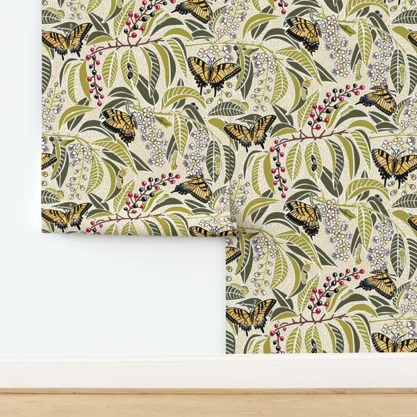 Spoonflower Butterfly Botanical Floral Swallowtail Butterflies Custom Pre-pasted Wallpaper - Beige
