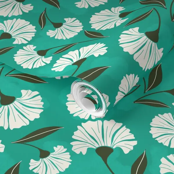 Spoonflower Weathered Teal Floral Nature Victorian Summer Custom Pre-pasted Wallpaper - Green,white
