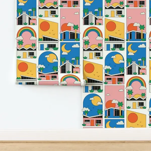 Spoonflower Palm Springs Clouds Sun House Moon City Trees Custom Pre-pasted Wallpaper - Rainbow