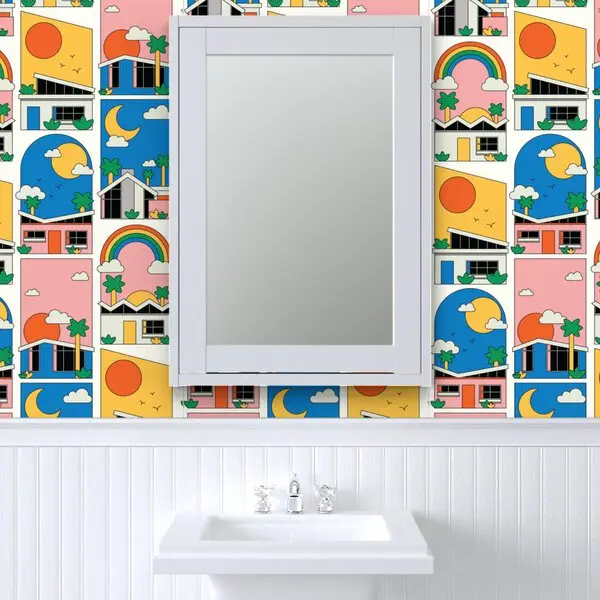 Spoonflower Palm Springs Clouds Sun House Moon City Trees Custom Pre-pasted Wallpaper - Rainbow