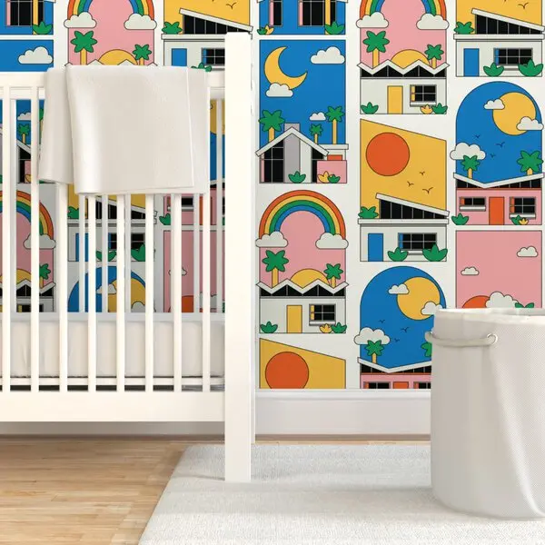 Spoonflower Palm Springs Clouds Sun House Moon City Trees Custom Pre-pasted Wallpaper - Rainbow