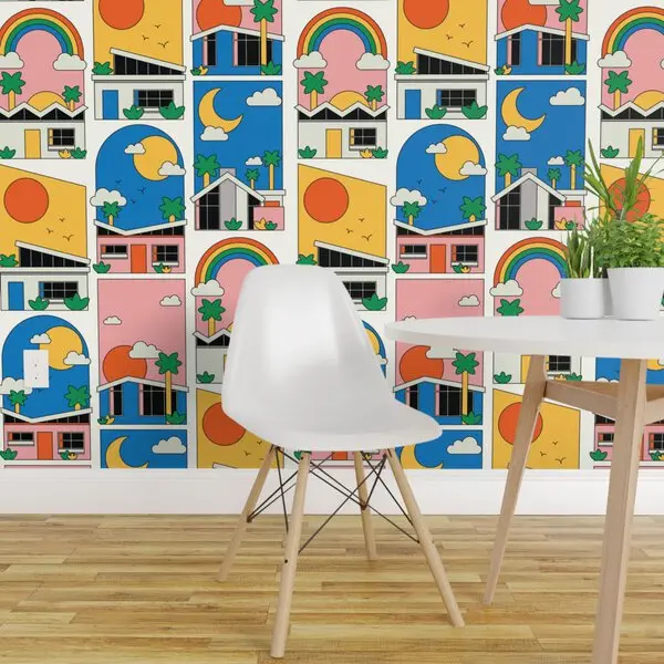 Spoonflower Palm Springs Clouds Sun House Moon City Trees Custom Pre-pasted Wallpaper - Rainbow