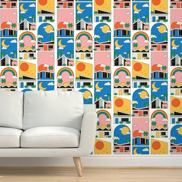 Spoonflower Palm Springs Clouds Sun House Moon City Trees Custom Pre-pasted Wallpaper - Rainbow