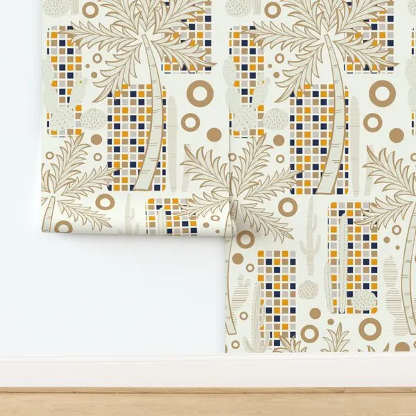 Spoonflower Palm Mid Century Retro Geometric Cactus Desert Custom Pre-pasted Wallpaper