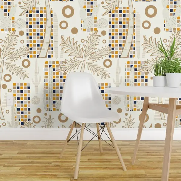 Spoonflower Palm Mid Century Retro Geometric Cactus Desert Custom Pre-pasted Wallpaper