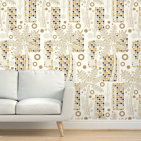 Spoonflower Palm Mid Century Retro Geometric Cactus Desert Custom Pre-pasted Wallpaper