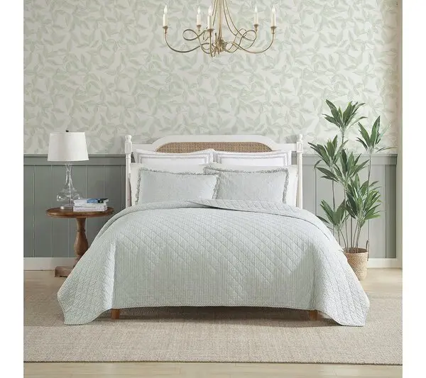 Laura Ashley Oxford Stripe Green King Quilt Sha M Set - One-color