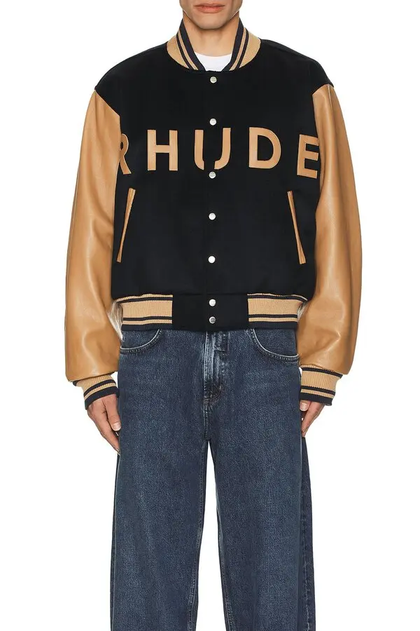 Rhude Logo Varsity Jacket - Navy & Camel