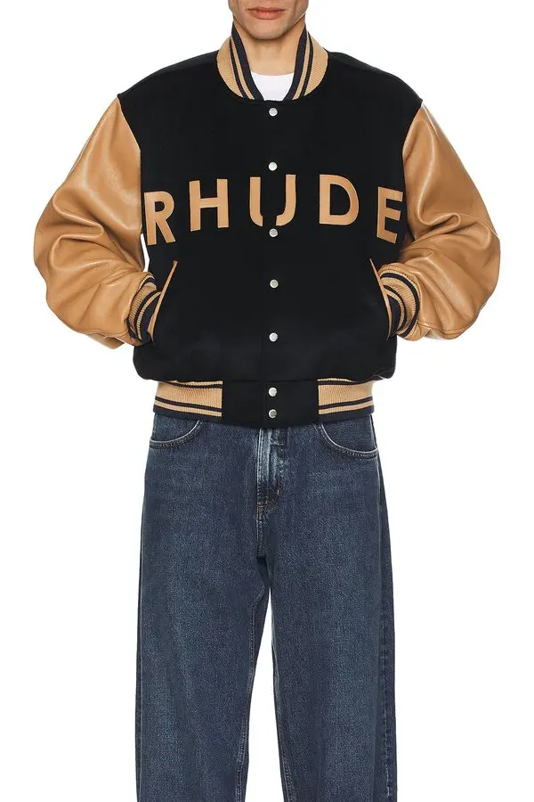Rhude Logo Varsity Jacket - Navy & Camel
