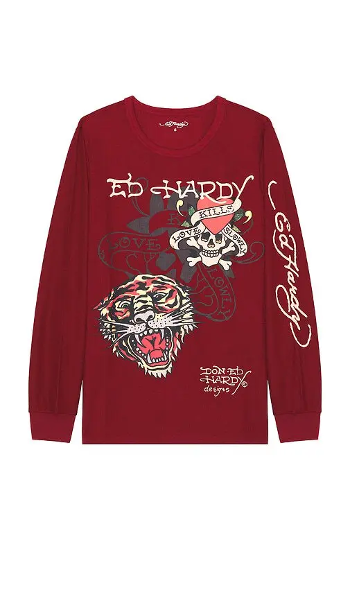 Ed Hardy Tiger Skull Long Sleeve Thermal Tee In Burgundy In Wine 